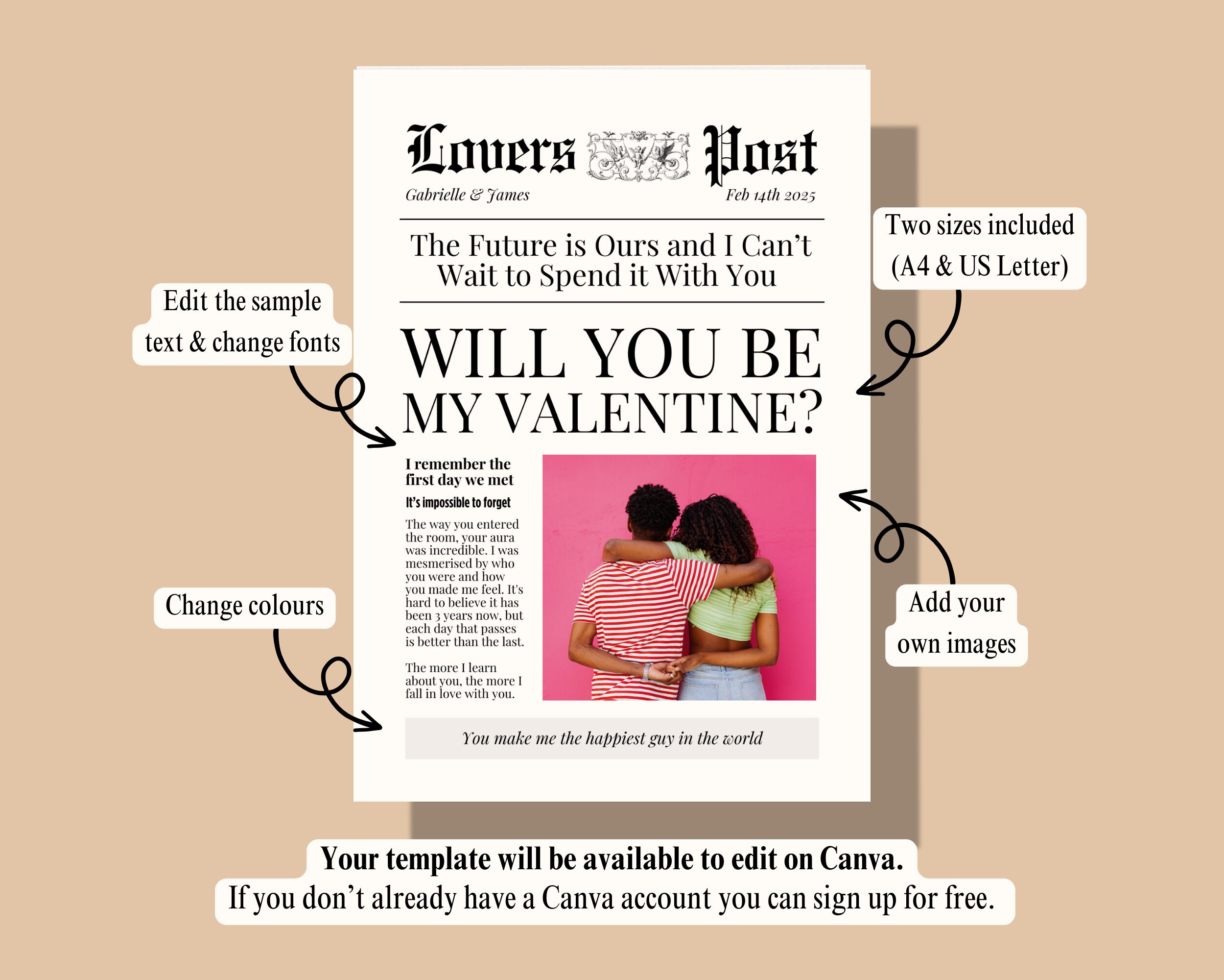 Be My Valentine Newspaper Template for Partner, Bestie or Galentine ...