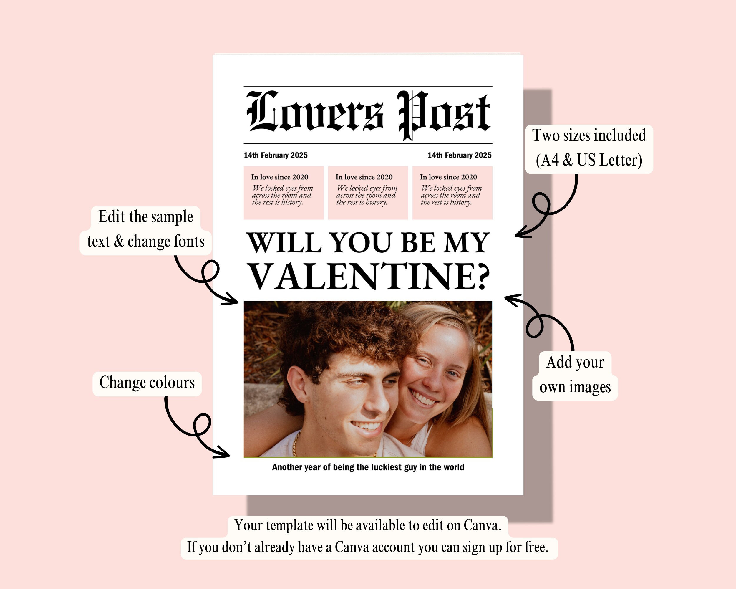 Editable Newspaper Template for Valentine's or Galentine's Day Gift ...