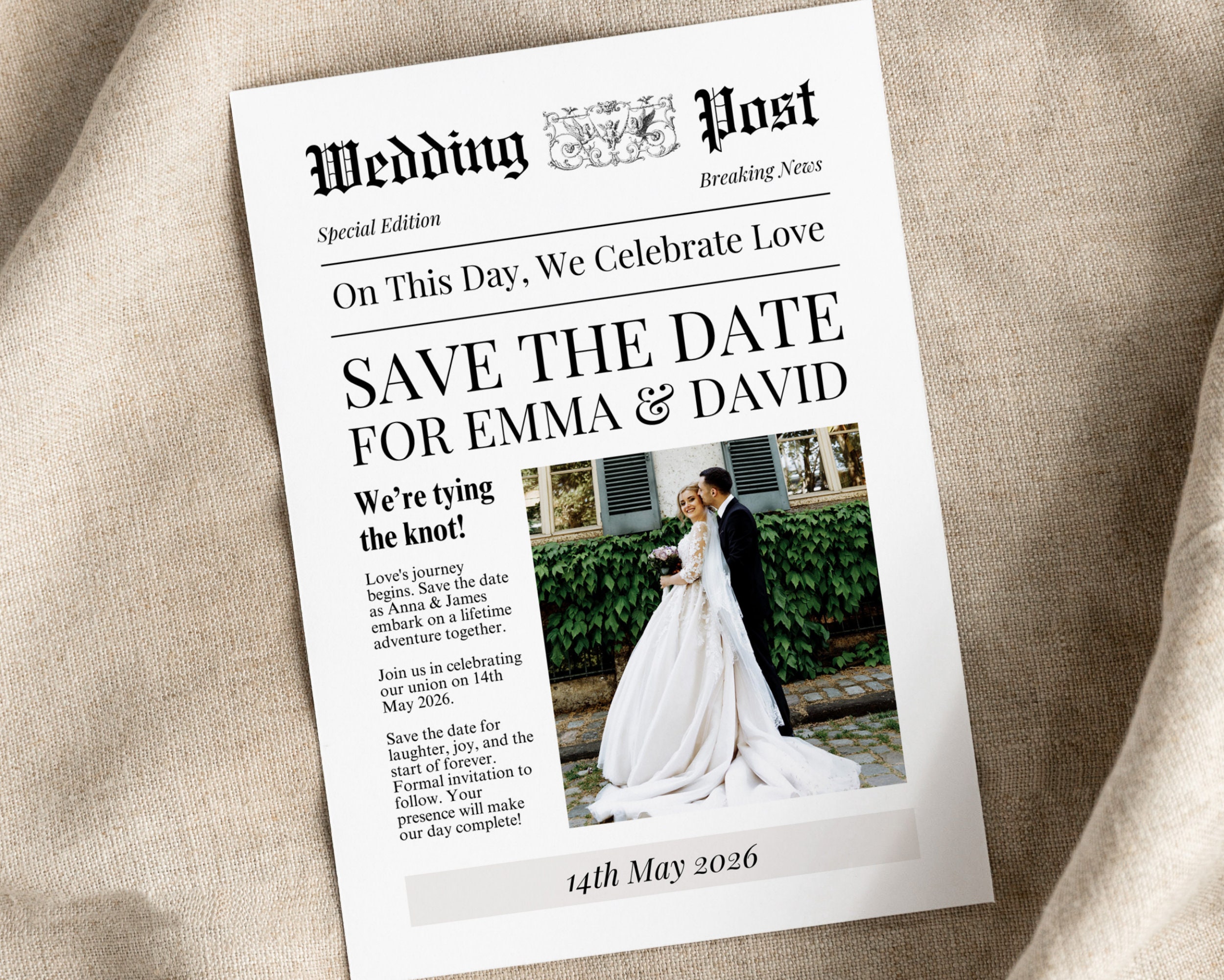 Canva Save the Date Newspaper Template, Unique Wedding Invitation Idea ...