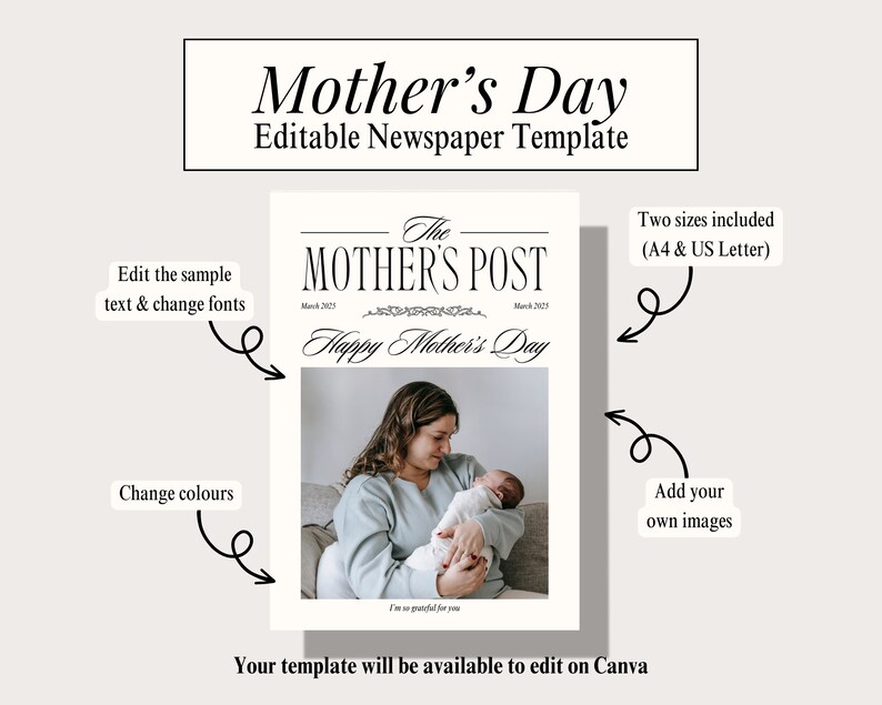 DIY Mothers Day Newspaper Template, Gift for Best Mum or Mom, Custom ...