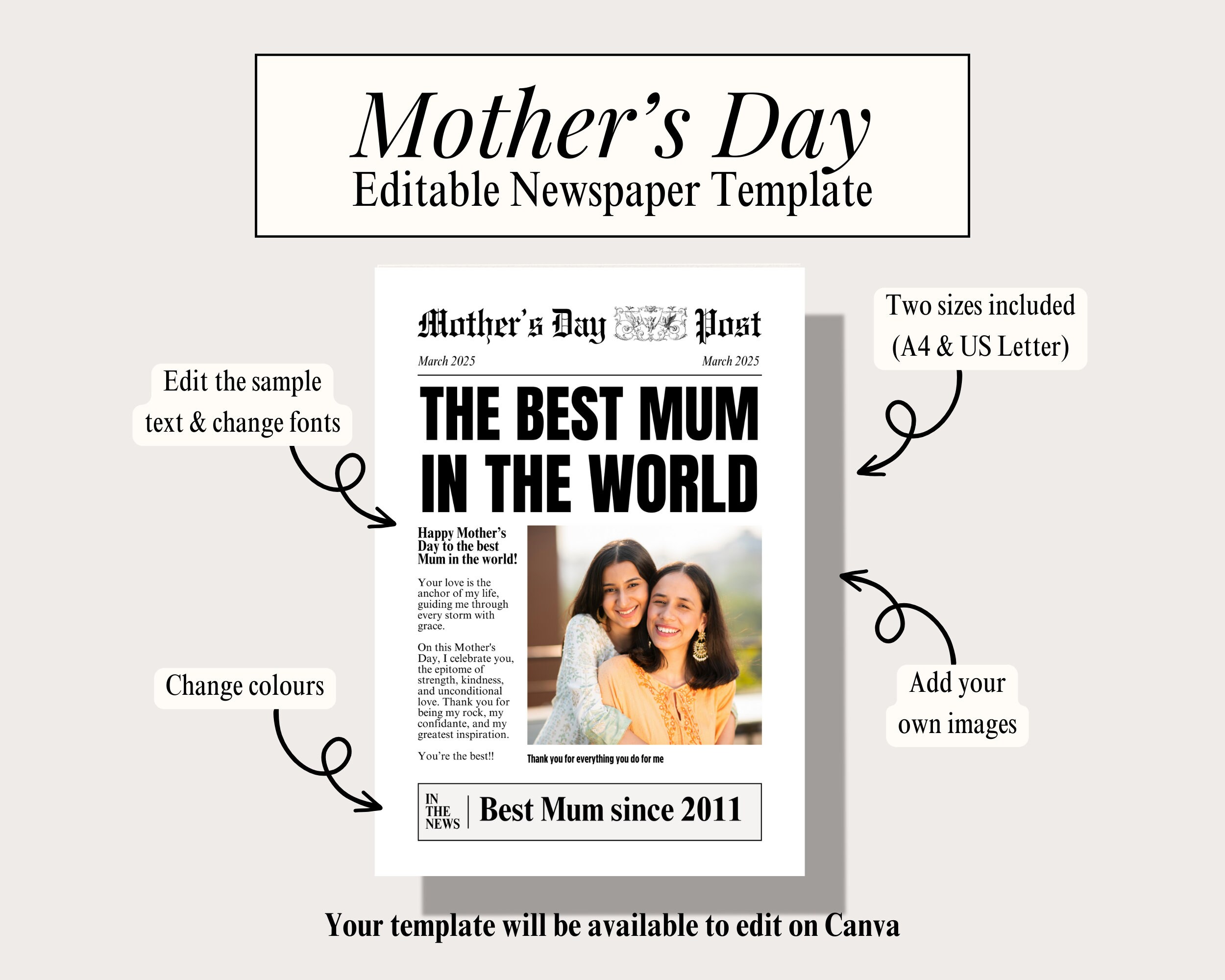 Mothers Day Newspaper Template for Best Mums & Moms, Editable Flower ...