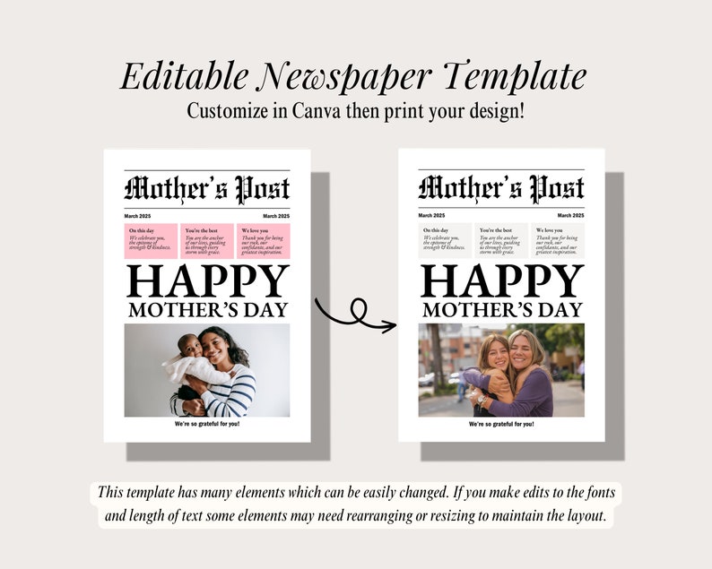Newspaper Gift for Best Mum or Mom on Mothers Day, Editable Canva ...