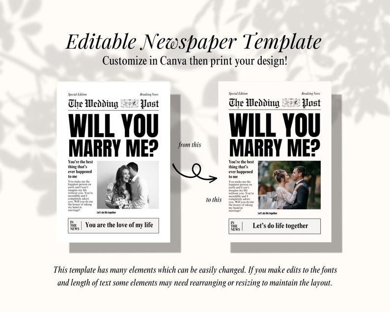 Will You Marry Me Proposal Newspaper Template, Engagement Idea ...