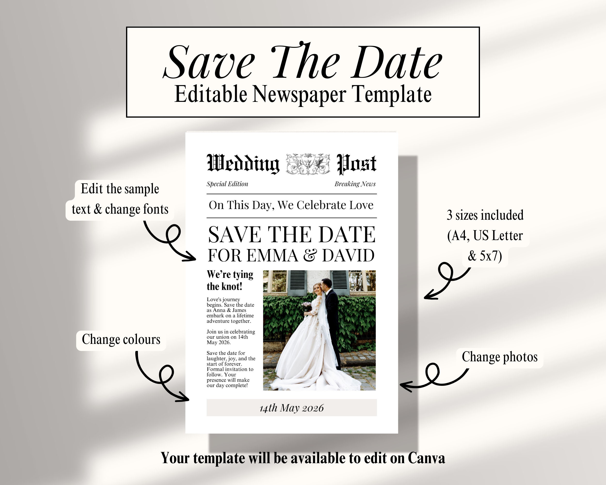 Canva Save the Date Newspaper Template, Unique Wedding Invitation Idea ...