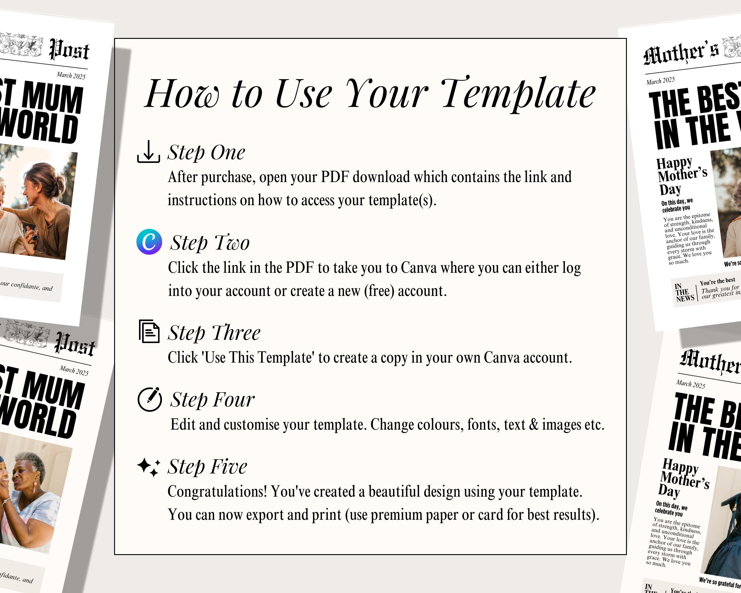 Mothers Day Newspaper Greeting Card, Template Editable in Canva, DIY ...
