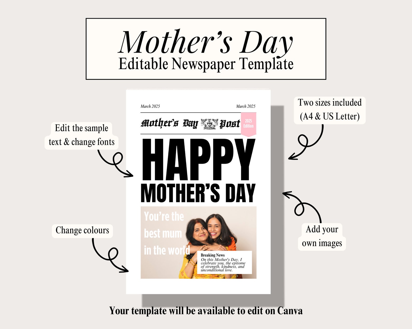 Editable Newspaper Template for Mothers Day Gift, Flower Bouquet Wrap ...