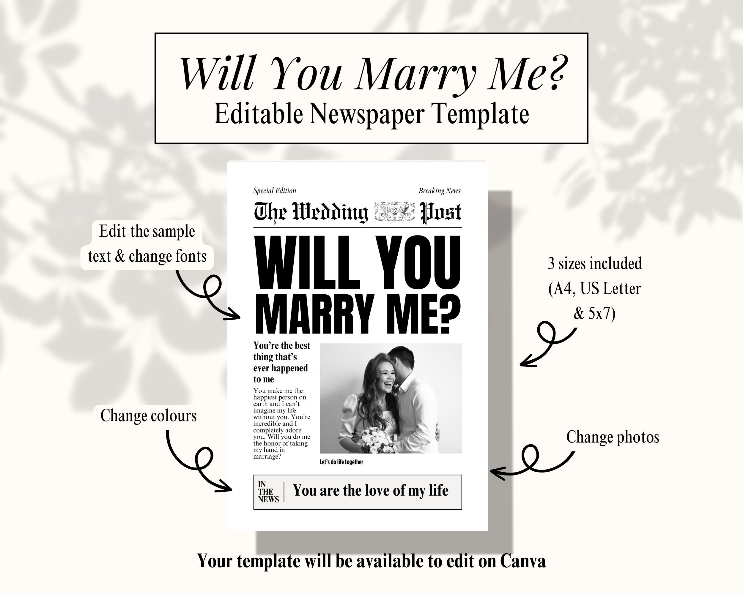 Will You Marry Me Proposal Newspaper Template, Engagement Idea ...