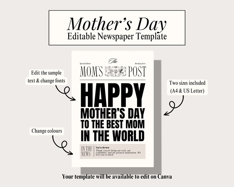Mothers Day Newspaper Template, Make Your Own Greeting Card, Gift Idea ...