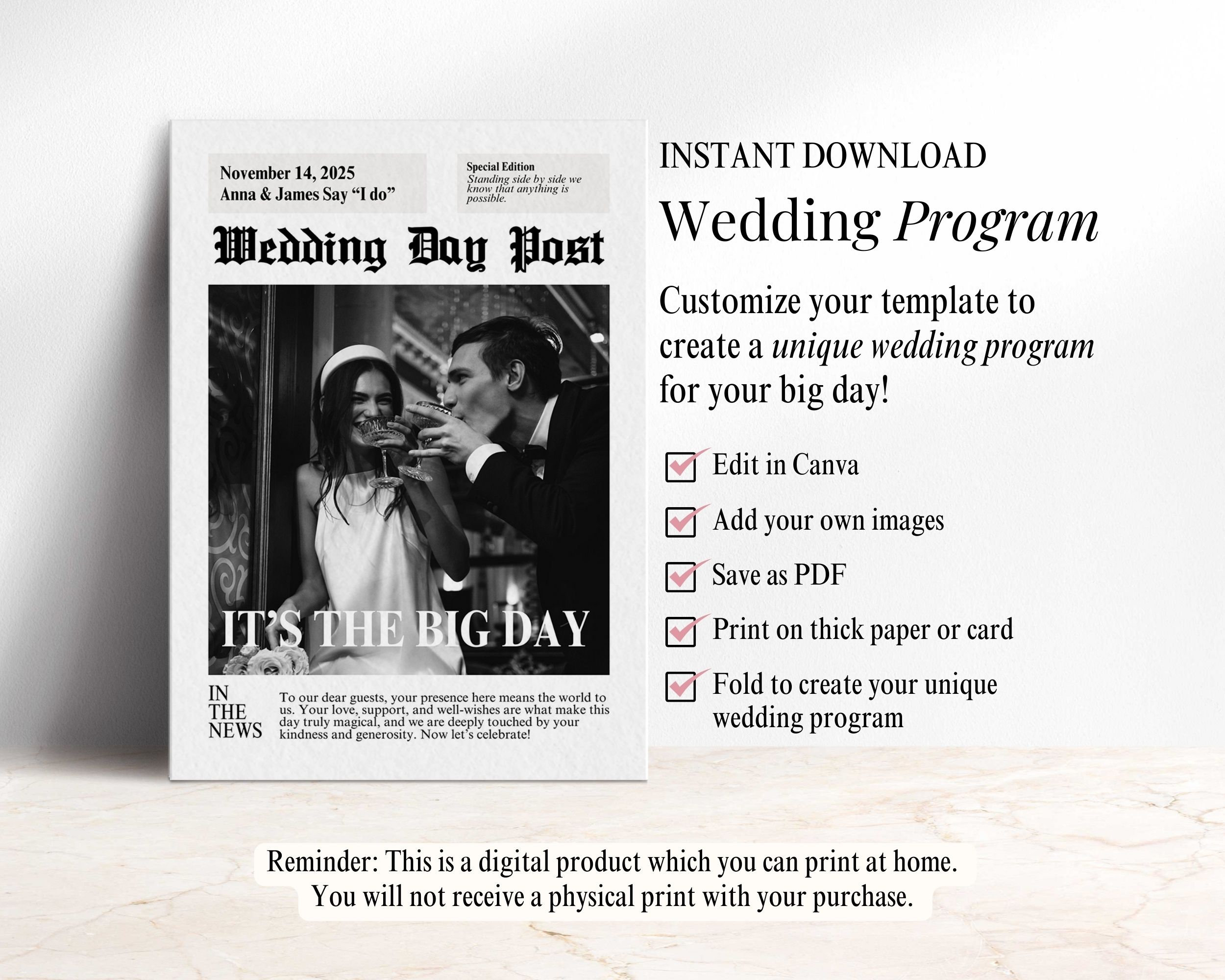 Newspaper Wedding Program Template for DIY Bride, Folded A5 Wedding ...