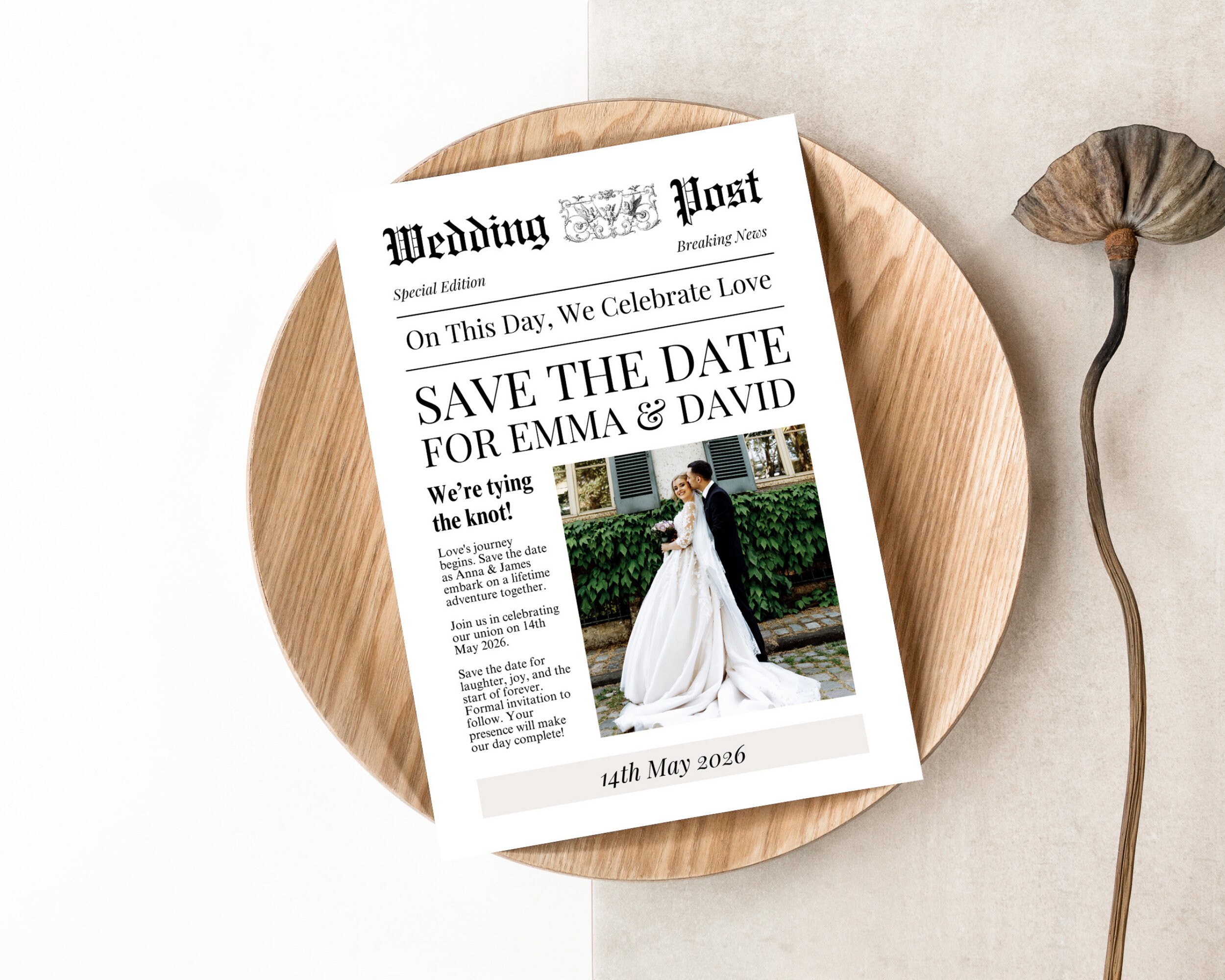Canva Save the Date Newspaper Template, Unique Wedding Invitation Idea ...