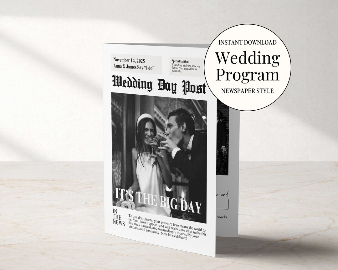 Newspaper Wedding Program Template for DIY Bride, Folded A5 Wedding ...