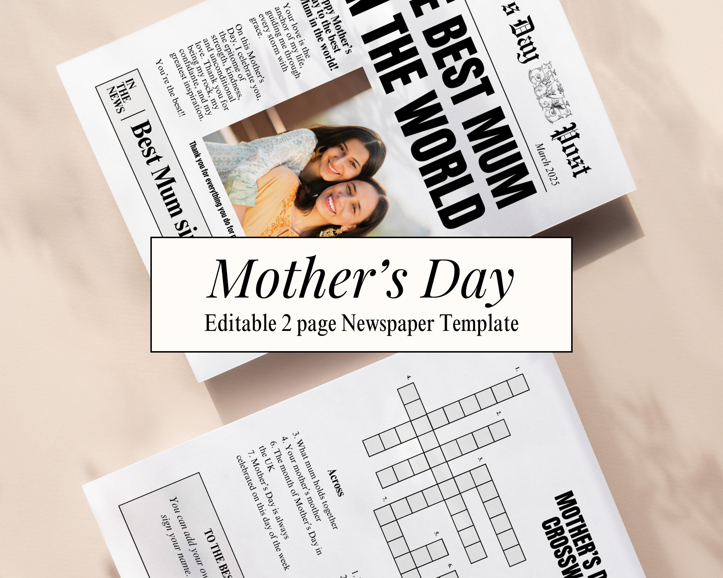 Mothers Day Newspaper Template for Best Mums & Moms, Editable Flower ...