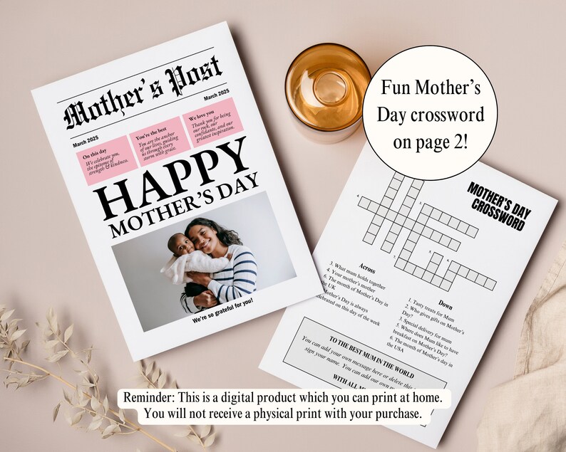 Newspaper Gift for Best Mum or Mom on Mothers Day, Editable Canva ...