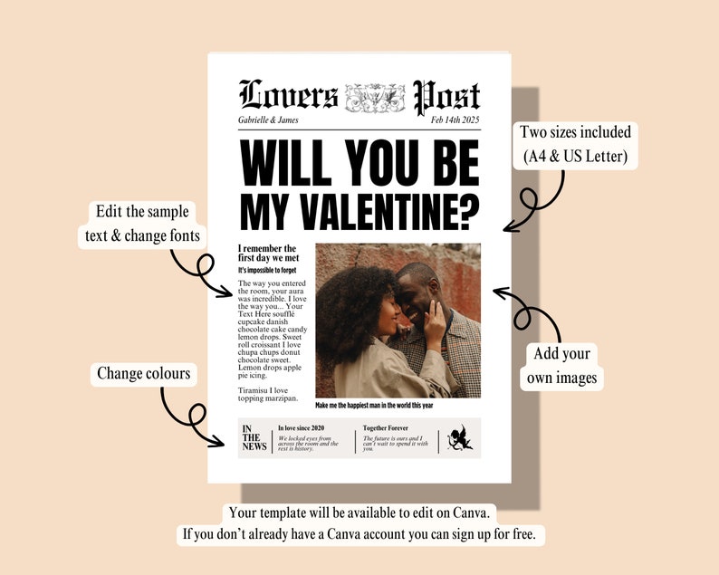 Valentine's Day Newspaper Template for Galentine's Gift, Editable ...