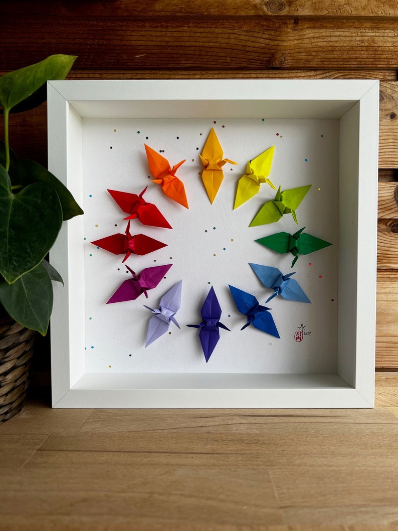 Origami Cranes in a Circle - “rainbow” . Framed Decoration. - Etsy