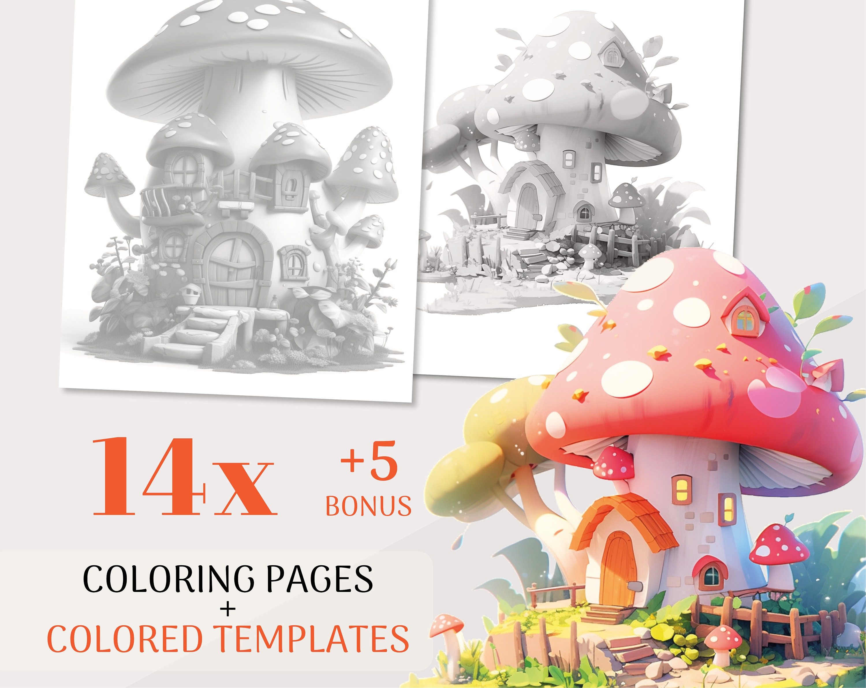 19x Coloring Printables - Enchanted Mushroom Homes - Grayscale ...