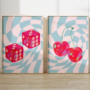 Holographic Poster Set of 2, Trendy Retro Wall Art, Blue Checkered ...
