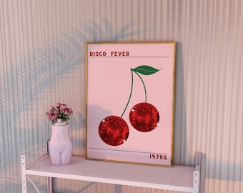 Disco Cherry Poster, Disco Ball Print, Y2K Girly Print, Cherry Disco Ball, Trendy Retro Cherry ...