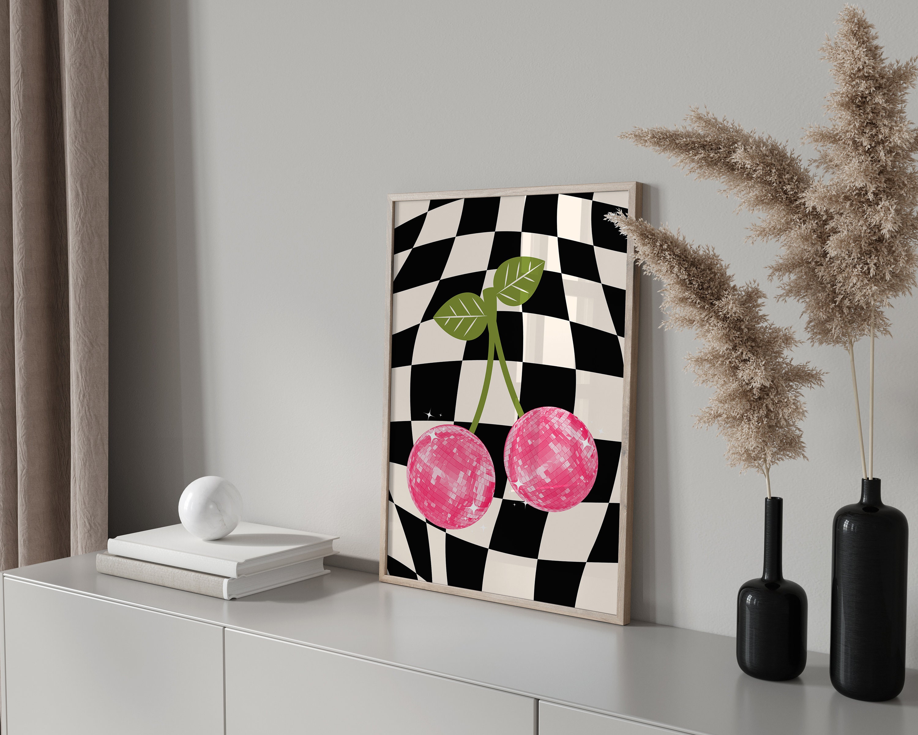 Disco Cherry Poster Disco Ball Print Checkered Poster Y2K - Etsy