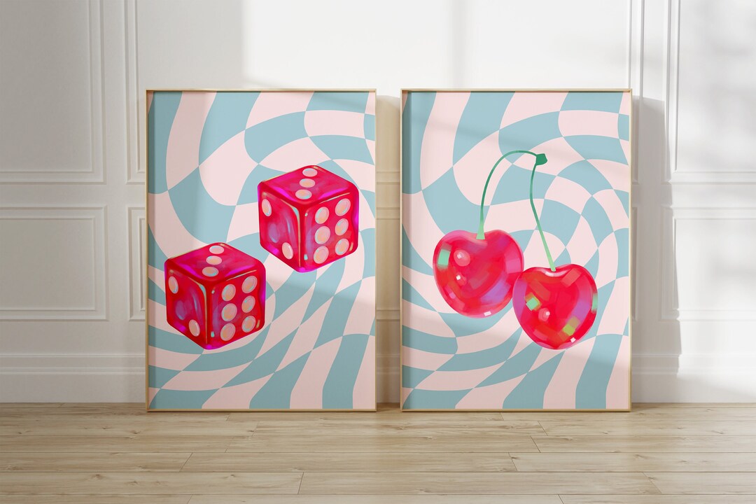 Holographic Poster Set of 2, Trendy Retro Wall Art, Blue Checkered ...