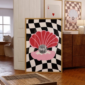 Clam Shell Disco Pearl Poster, Beach House Print, Checkered Retro Art ...