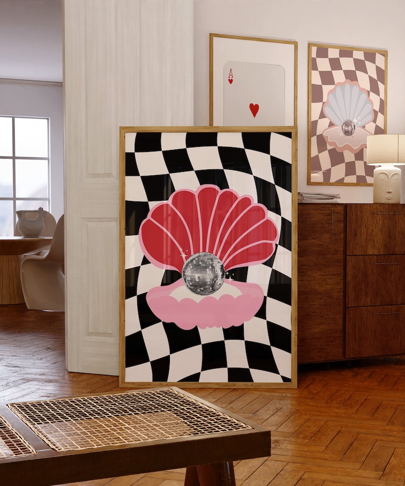 Clam Shell Disco Pearl Poster, Beach House Print, Checkered Retro Art ...