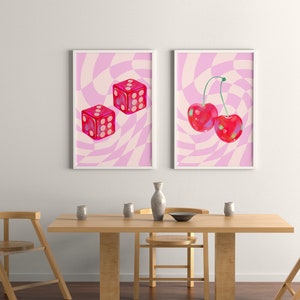 Holographic Poster Set of 2, Trendy Retro Wall Art, Pink Checkered ...