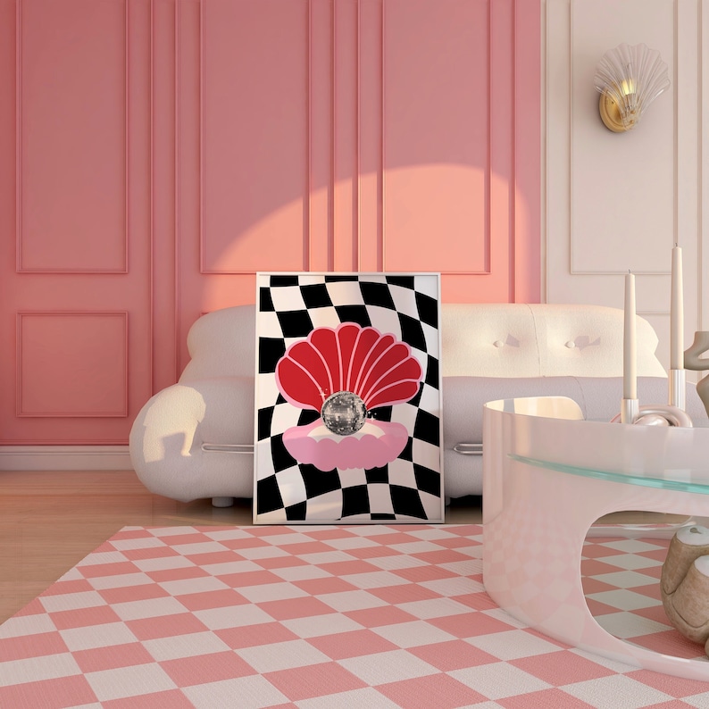 Clam Shell Disco Pearl Poster, Beach House Print, Checkered Retro Art ...