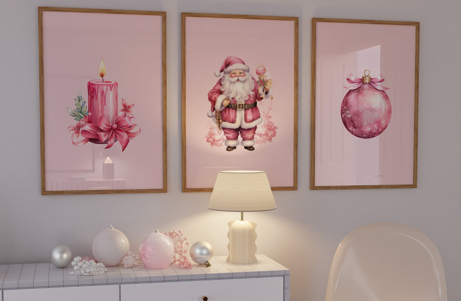 Pink Christmas Gallery Wall Prints, Trendy Wall Art Bundle, Retro ...
