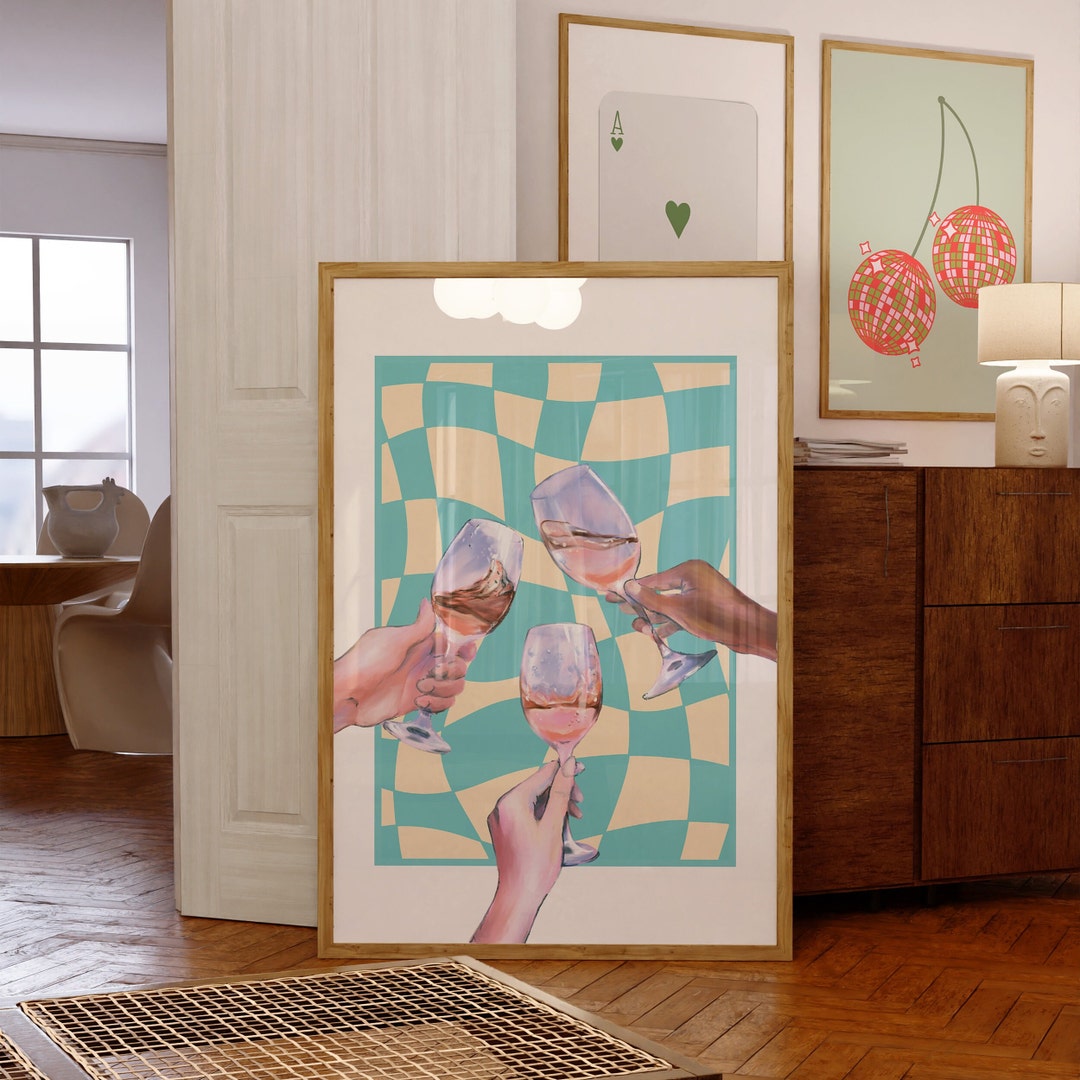 Checkered Pastel Retro Art Cheers Wall Art, Retro Bar Poster, Digital ...