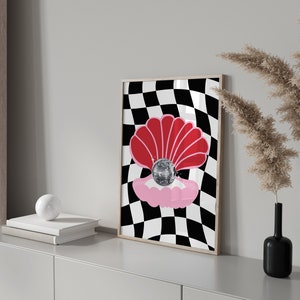 Clam Shell Disco Pearl Poster, Beach House Print, Checkered Retro Art ...