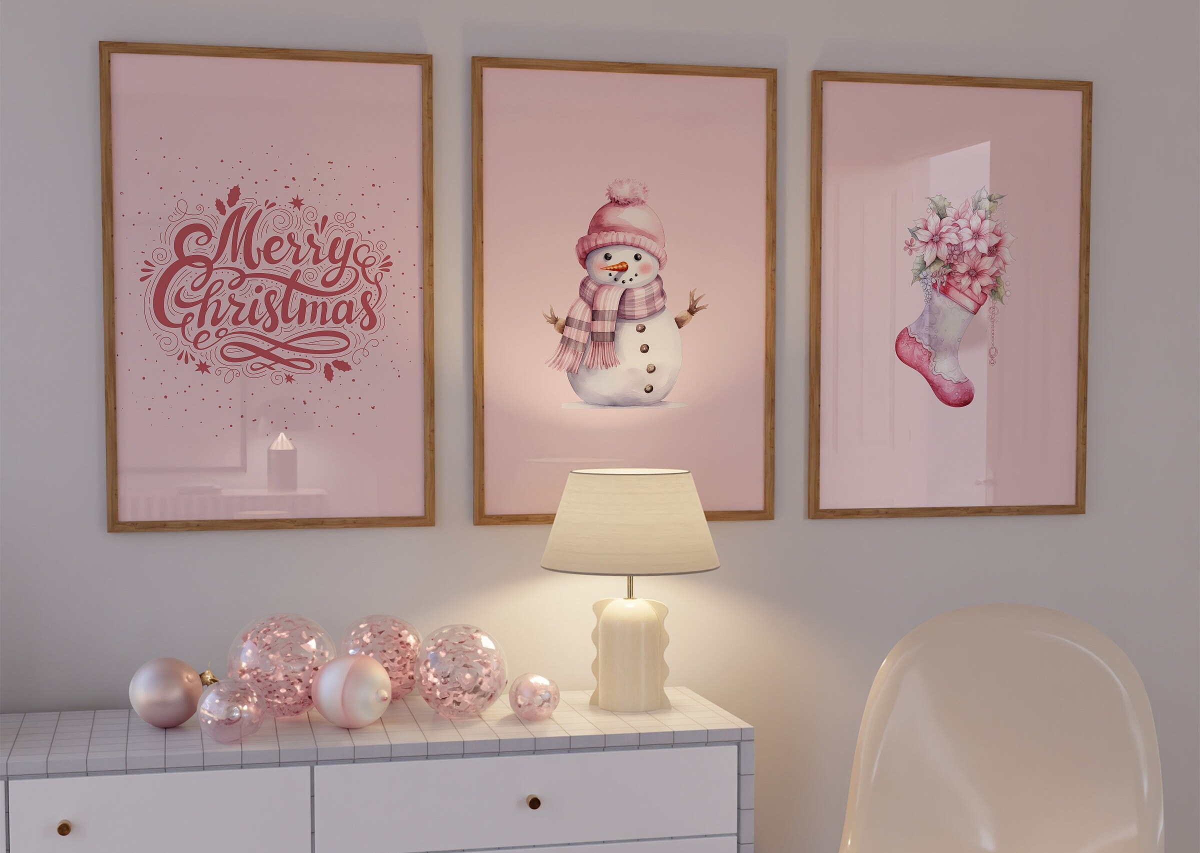 Pink Christmas Gallery Wall Prints, Trendy Wall Art Bundle, Retro ...