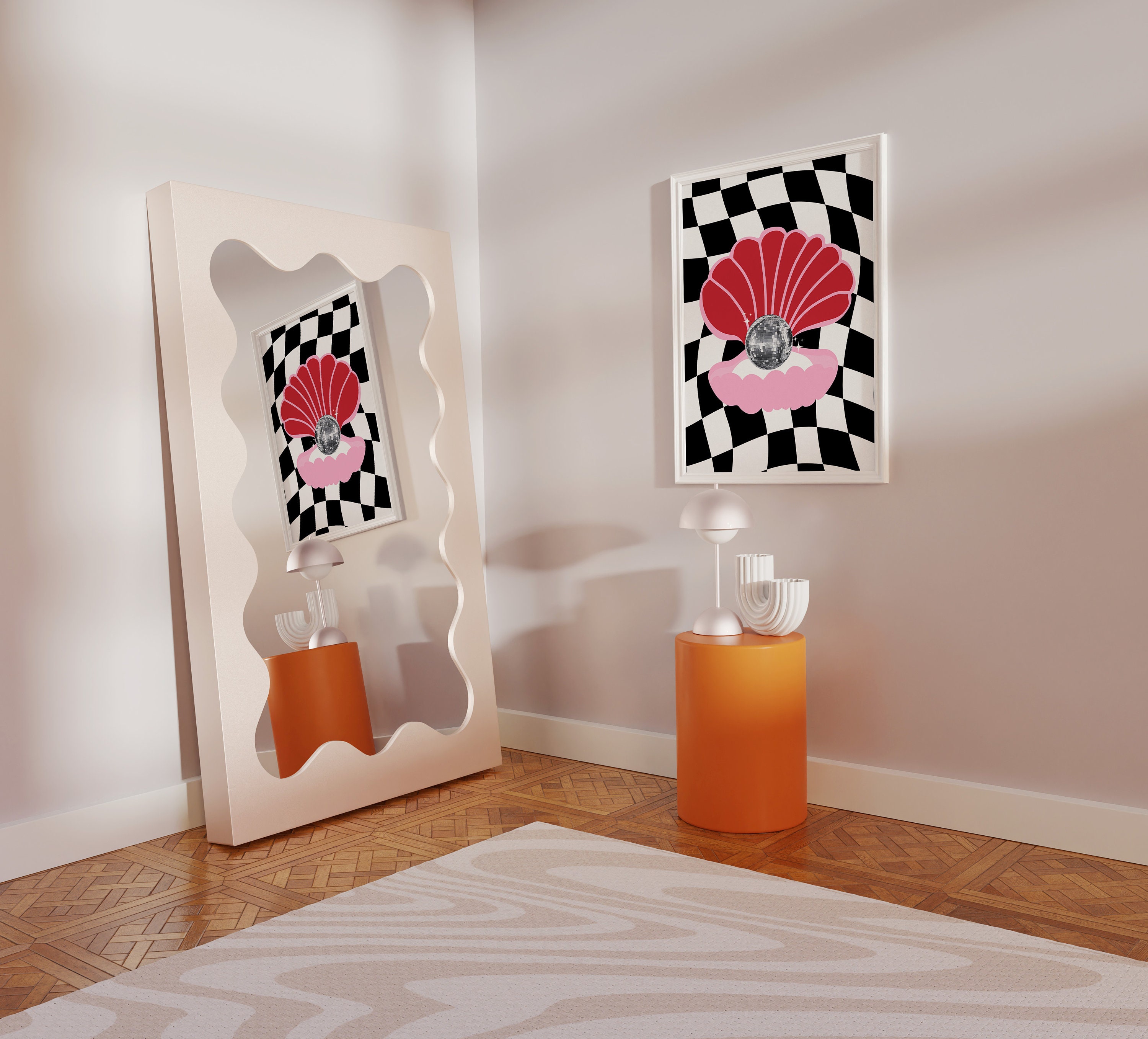 Clam Shell Disco Pearl Poster, Beach House Print, Checkered Retro Art ...