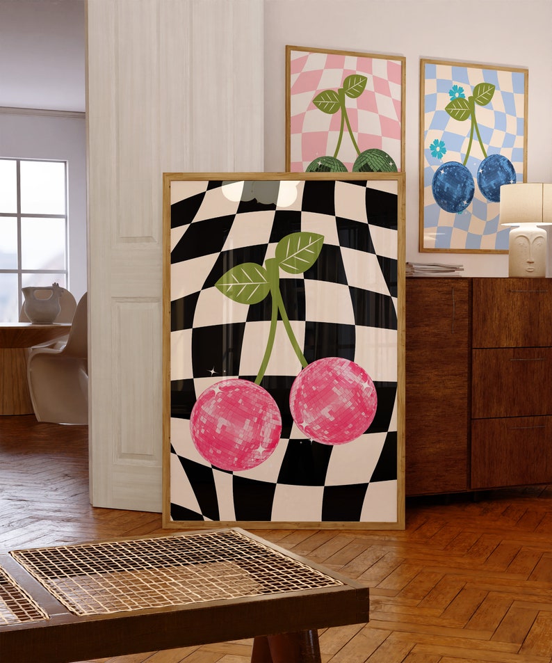 Disco Cherry Poster Disco Ball Print Checkered Poster Y2K - Etsy