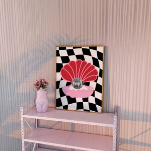 Clam Shell Disco Pearl Poster, Beach House Print, Checkered Retro Art ...