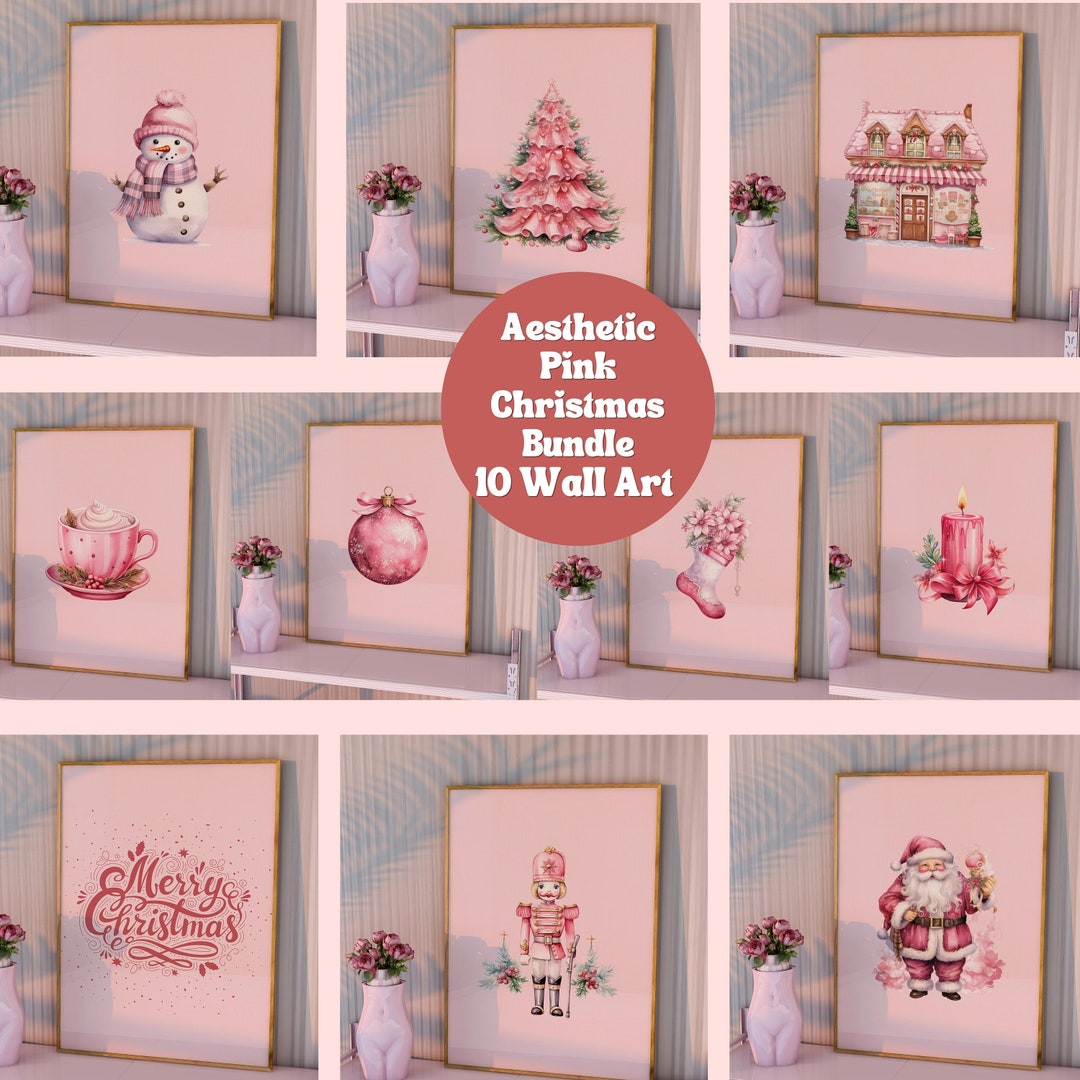 Pink Christmas Gallery Wall Prints, Trendy Wall Art Bundle, Retro ...