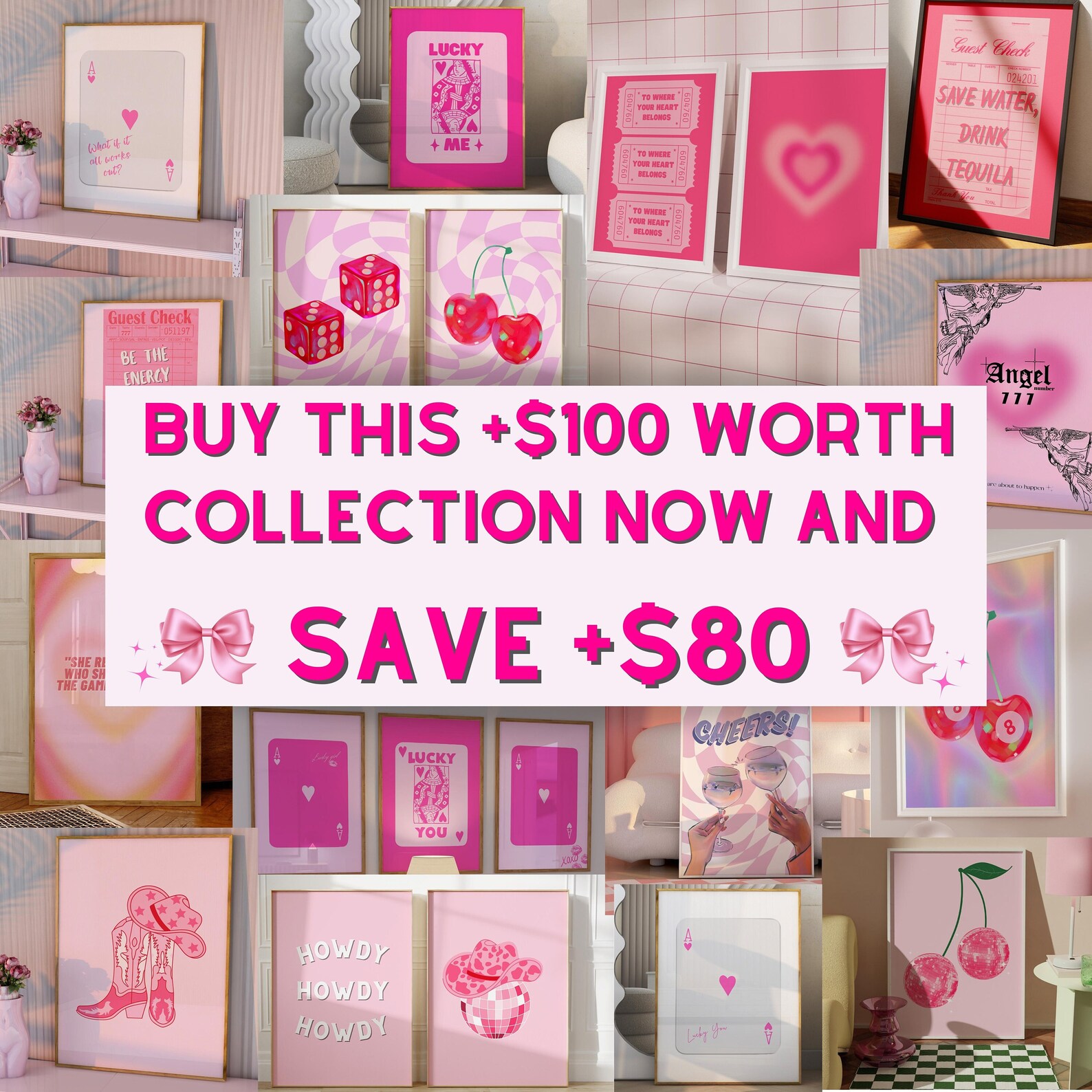 20 Posters Pink Bundle, Pink Gallery Wall Set, Trendy Wall Art Bundle ...