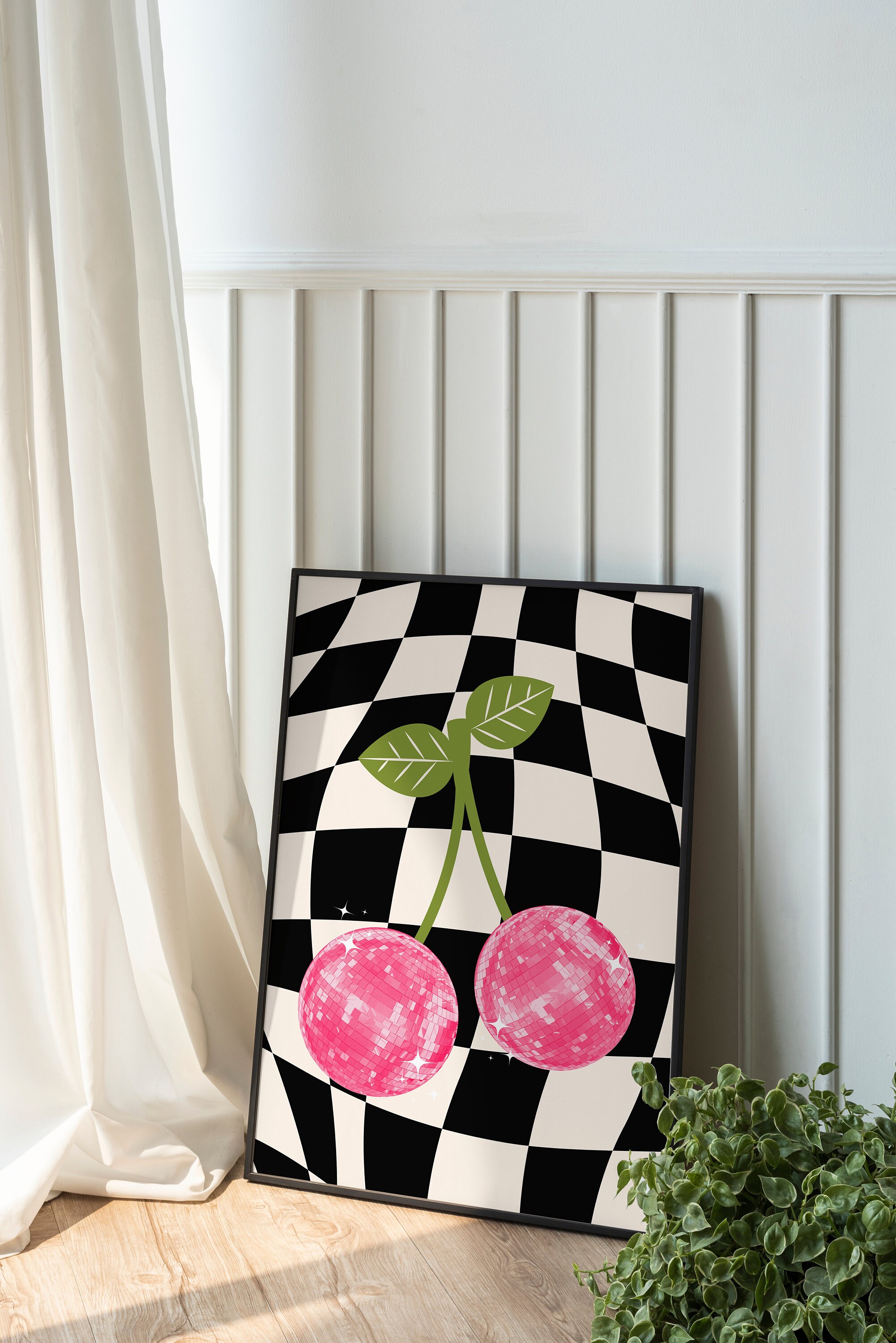 Disco Cherry Poster Disco Ball Print Checkered Poster Y2K - Etsy