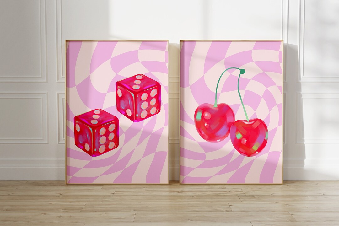 Holographic Poster Set of 2, Trendy Retro Wall Art, Pink Checkered ...
