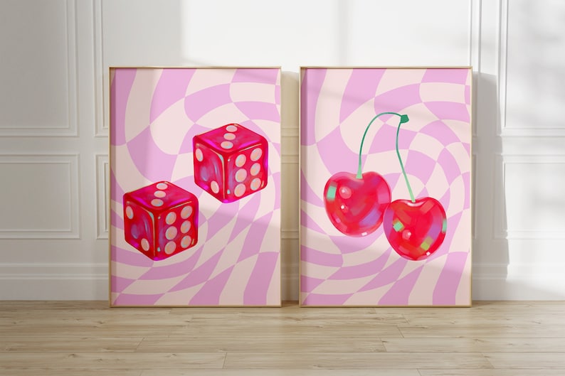 Holographic Poster Set of 2, Trendy Retro Wall Art, Pink Checkered ...
