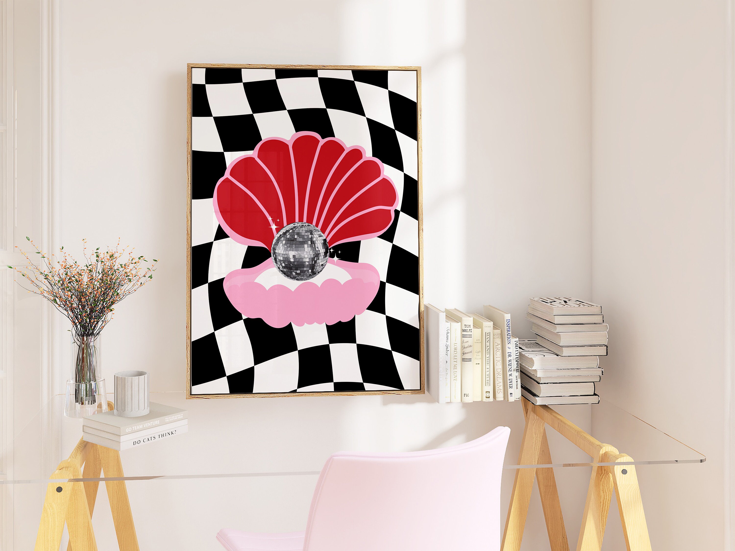 Clam Shell Disco Pearl Poster, Beach House Print, Checkered Retro Art ...
