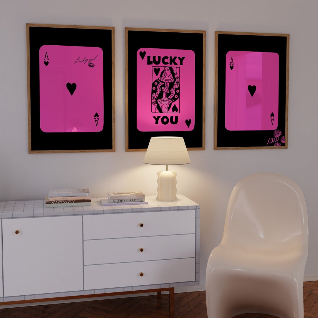 Pink&black Queen of Hearts Poster, Trendy Set of 3 Wall Art, Ace Card ...