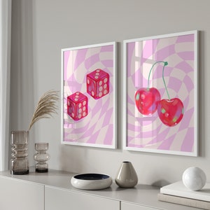 Holographic Poster Set of 2, Trendy Retro Wall Art, Pink Checkered ...
