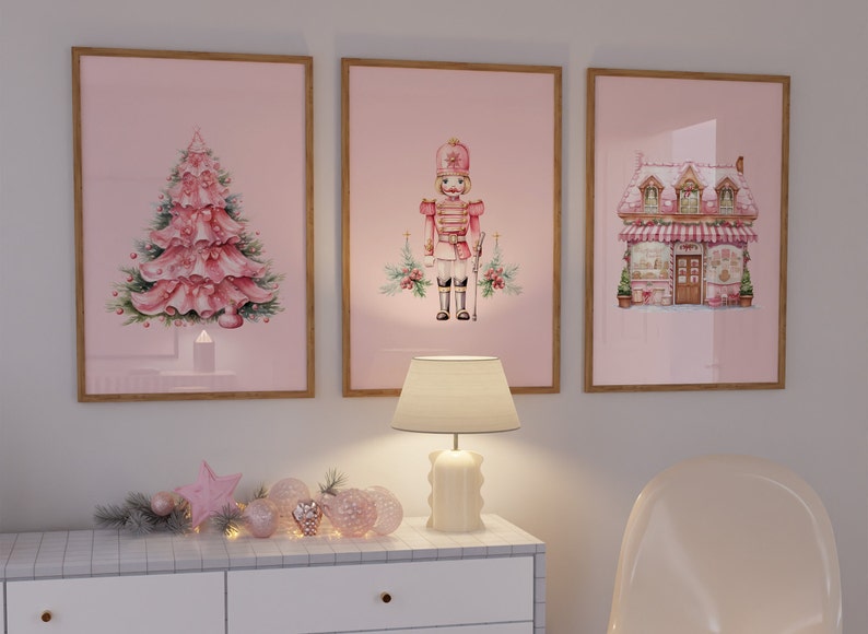 Pink Christmas Gallery Wall Prints, Trendy Wall Art Bundle, Retro ...