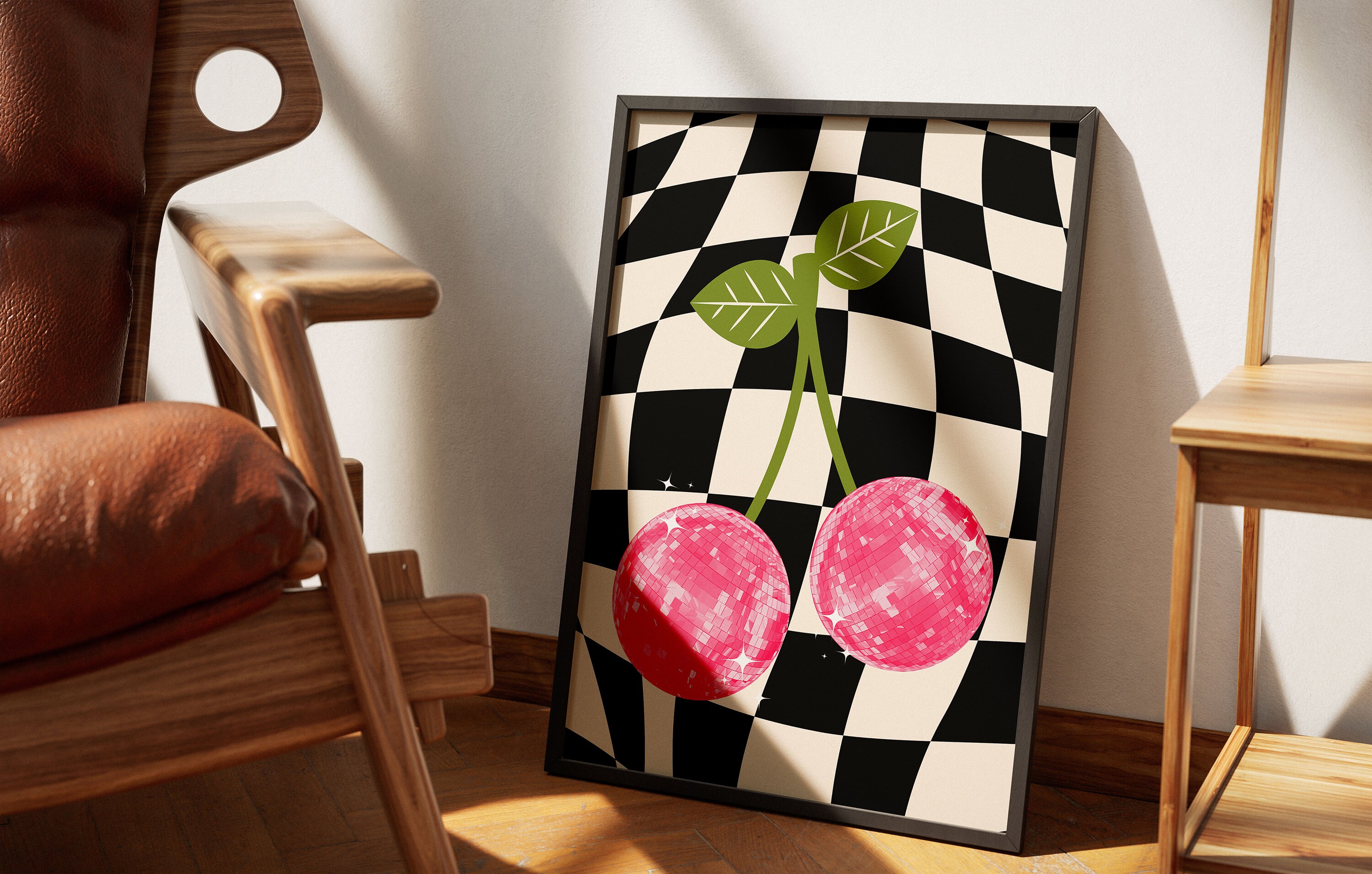 Disco Cherry Poster Disco Ball Print Checkered Poster Y2K - Etsy