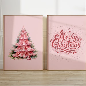 Pink Christmas Gallery Wall Prints, Trendy Wall Art Bundle, Retro ...