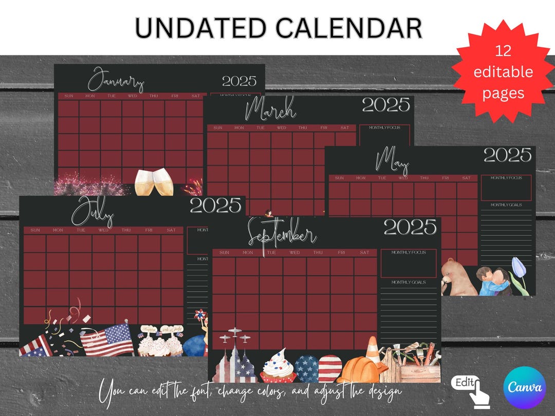 Editable Undated Monthly Calendar in Dark Red Theme – Canva Templates ...