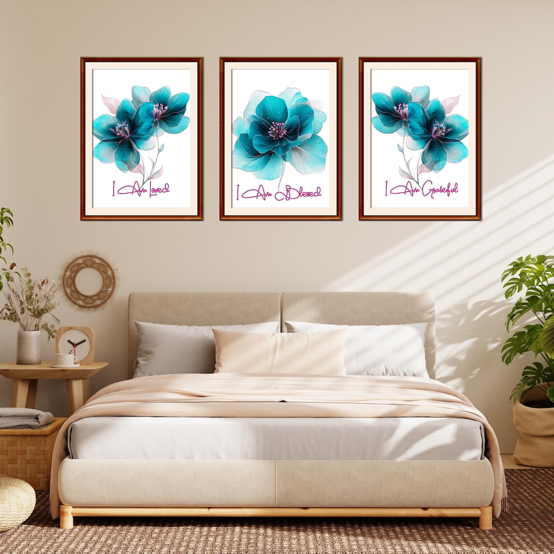 Positive Affirmation Flower Wall Art Bundle | I Am Loved, I Am Grateful ...