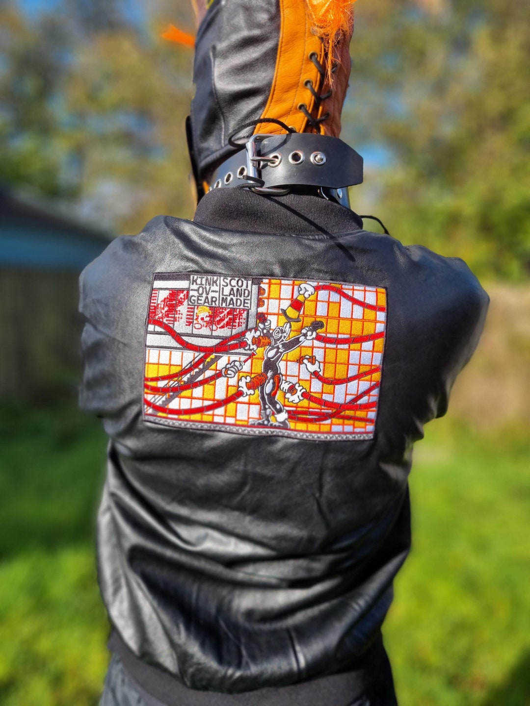 Vegan Leather Bomber Jacket Kink Ov Gear Gasmask Front, Factory Back by ...