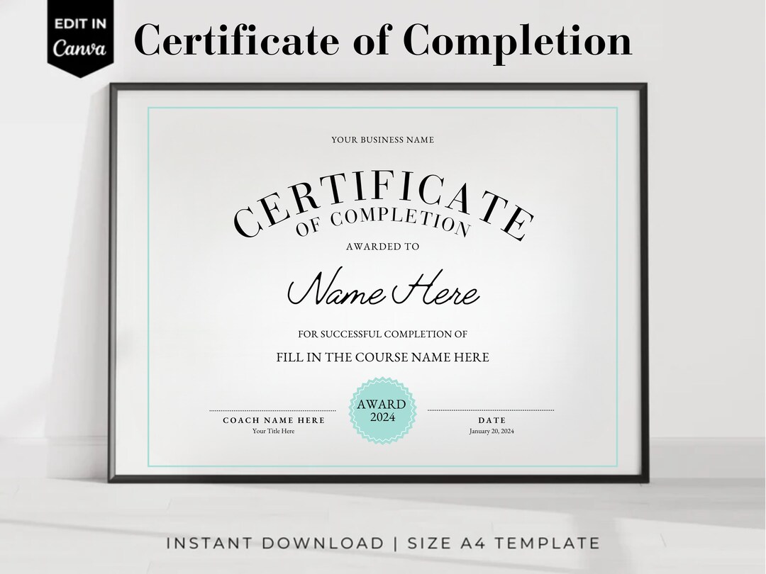 Editable Certificate of Completion Template, Printable Course ...